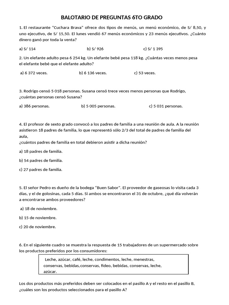 Balotario de Preguntas 6to Grado | PDF | Alimentos