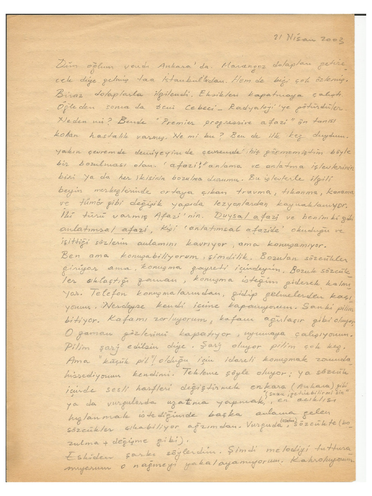 21 Nisan 2003 Hastaligin Ilk Yillarindan Bir Mektup | PDF