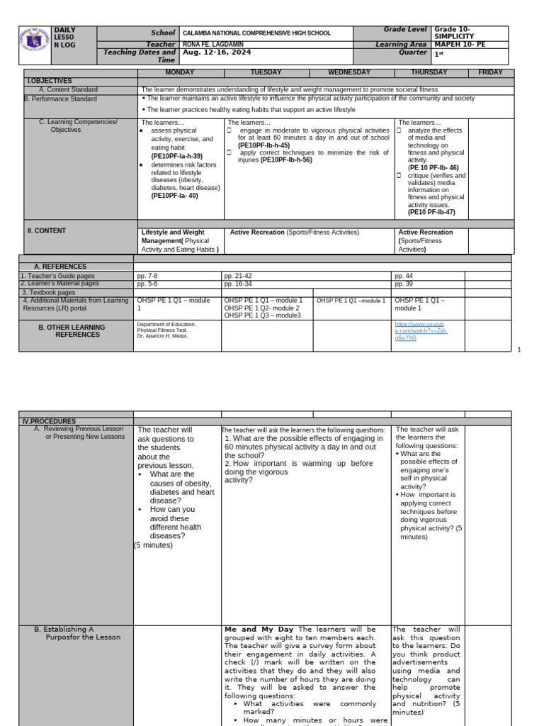 Grade 10 MAPEH PE Lesson Plan | PDF | Physical Education | Physical Fitness