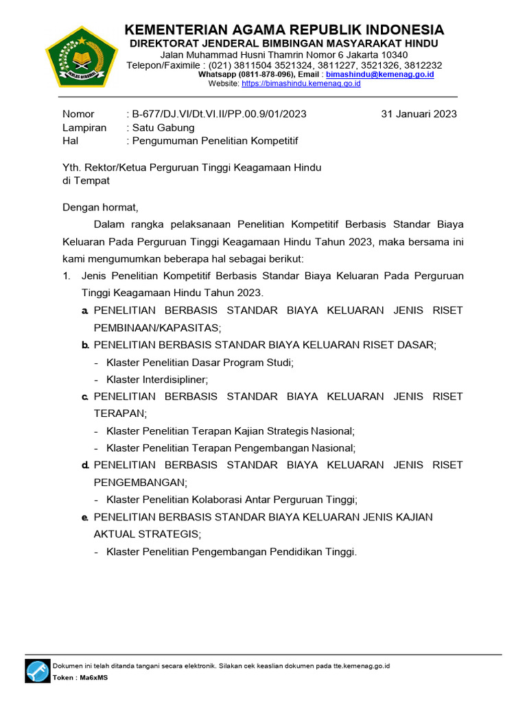 Surat Pengumuman Penelitian Kompetitif Tahun 2023 Dan Juknis | PDF