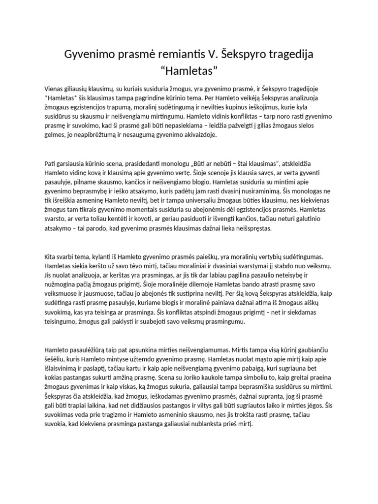 Gyvenimo Prasmė Remiantis V. Šekspyro Tragedija "Hamletas" | PDF