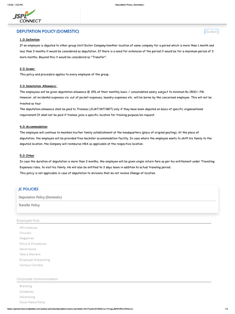 Deputation Policy (Domestic) | PDF | Employment | Business