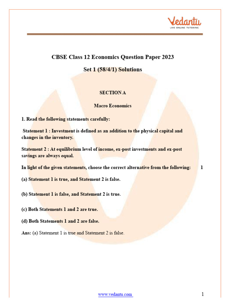 Cbse Class 12 Economics Question Paper Set 1 58 4-1-2023 | PDF ...