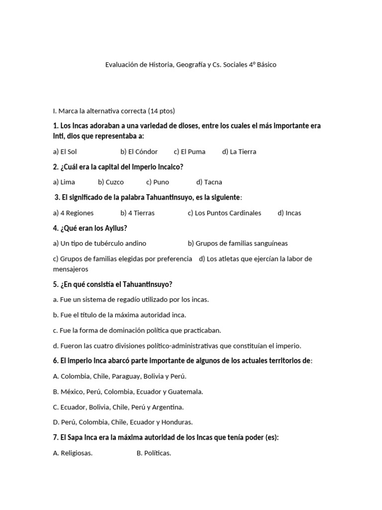 Evaluacion de Historia 4° Basico Periodo 9 | PDF