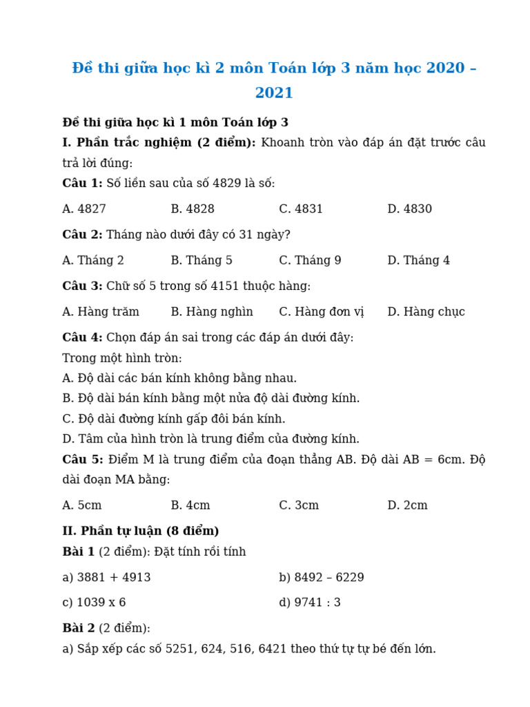 De Thi Giua Hoc Ki 2 Mon Toan Lop 3 Nam Hoc 2020 2021 de 2 | PDF
