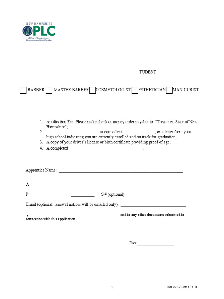 Barbering Cosmetology Application For Registration As A Student ...