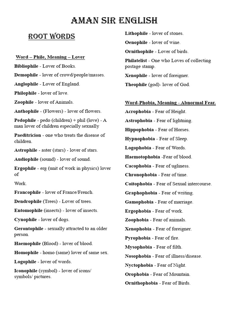 Root Words, Phobias, and Studies Explained | PDF | Government