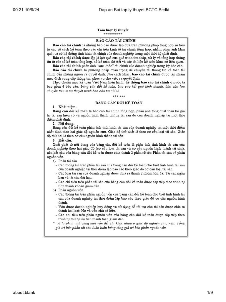 Dap An Bai Tap Ly Thuyet BCTC BCDKT | PDF