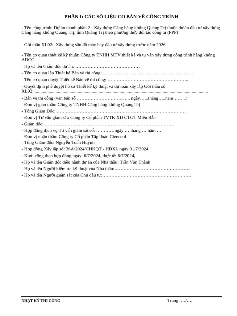 Mẫu nhât ky thi công - CHK QT | PDF