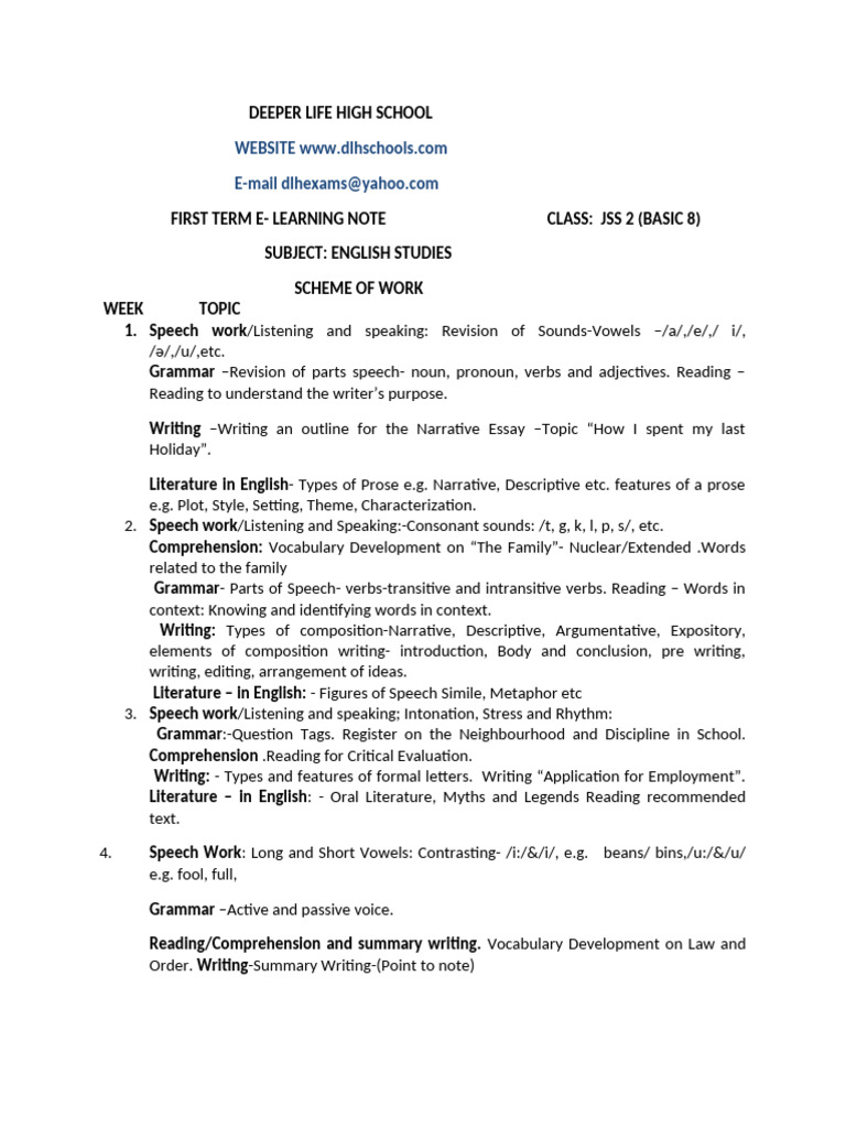 JSS2 English First Term Lesson Plan | PDF | Grammatical Tense | English ...