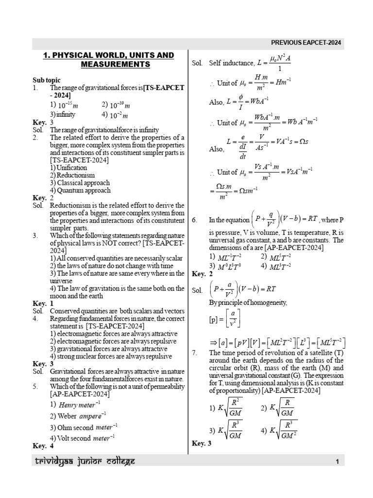 EAPCET-2024 Physics Questions and Solutions | PDF | Force | Acceleration