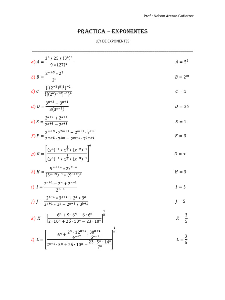 Practica - Ley de Exponentes | PDF