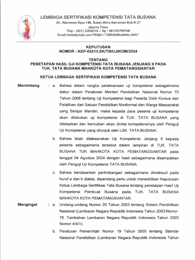 TUK Mahkota SK Kelulusan LKP Mahkota 04 Agustus 2024 | PDF