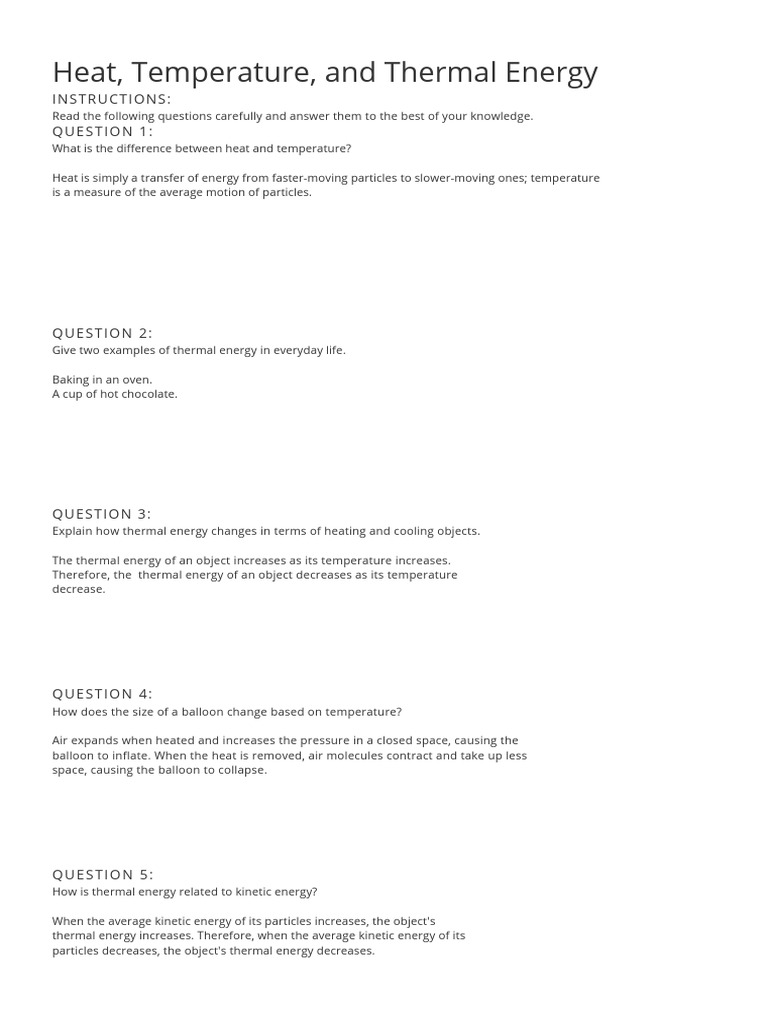 Thermal Energy - Worksheet | PDF