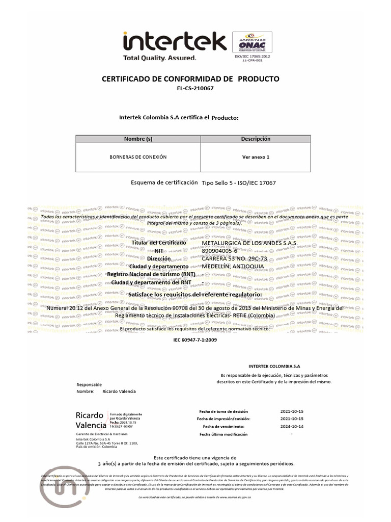 El-Cs-210067 Intertek 2021 2024 | PDF | Colombia