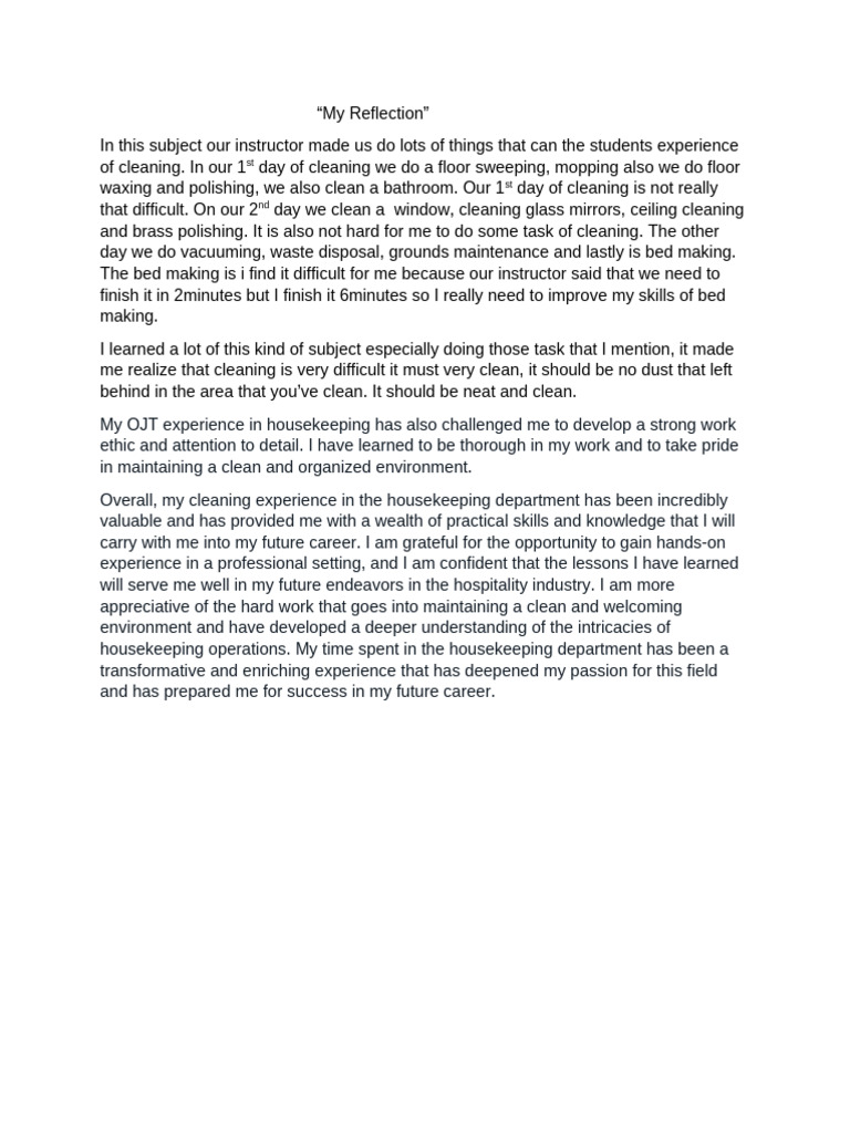 Reflection on Housekeeping OJT Experience | PDF