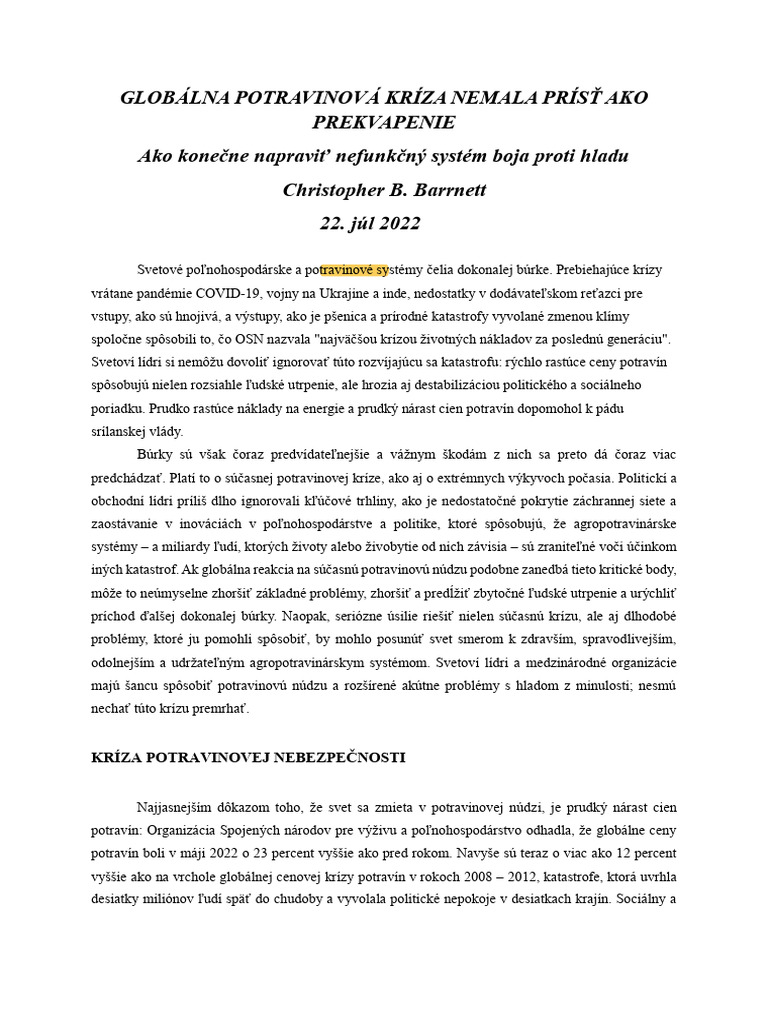 1 - CS - Globálna Potravinová Kríza Nemala Prísť Ako Prekvapenie | PDF