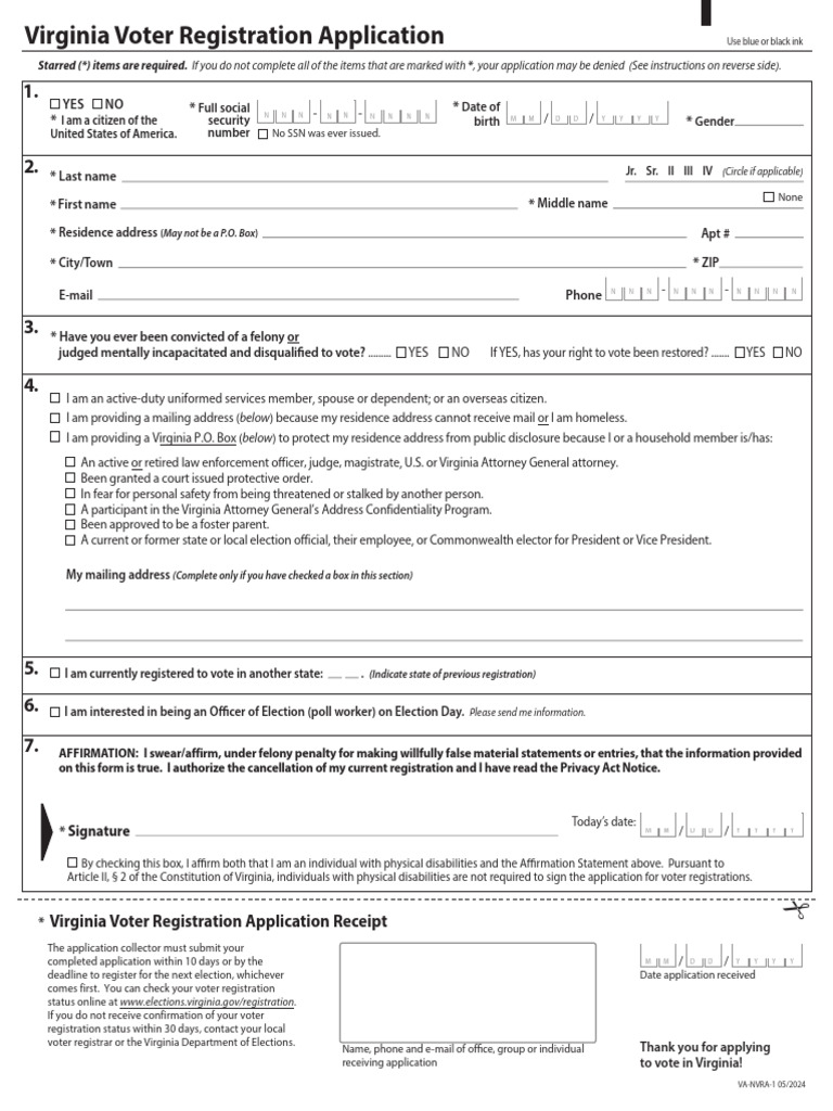 VA NVRA 1 Voter Registration Application Rev 5 2024 | PDF | Voter ...