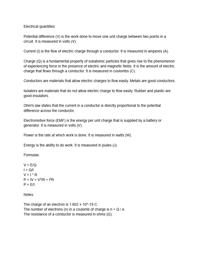 Electrical Quantities | PDF | Electric Charge | Volt
