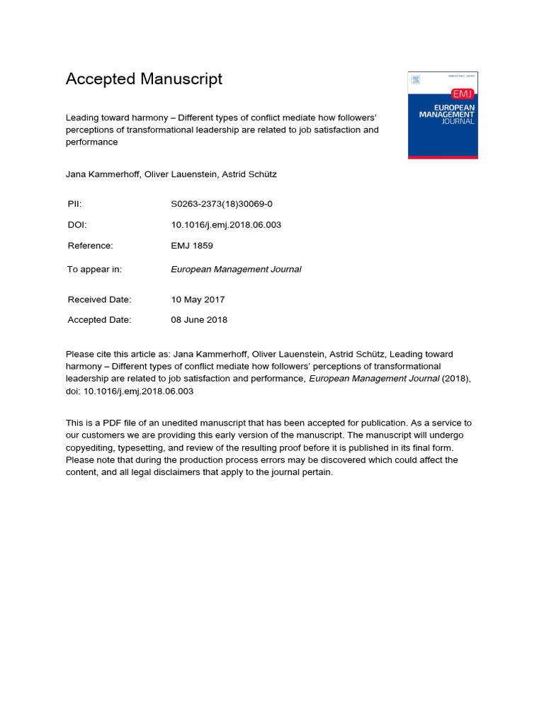 Accepted Manuscript | PDF | Transformational Leadership | Leadership