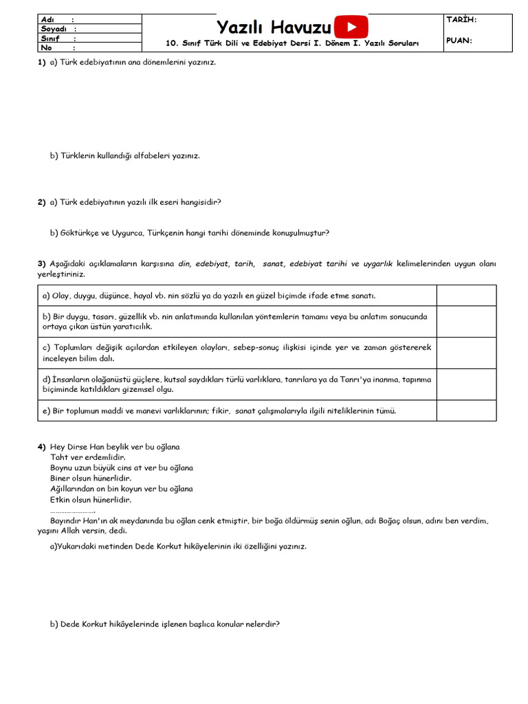 TDE 10. Sınıf 1. Dönem 1. Yazılı Yazılıhavuzu | PDF