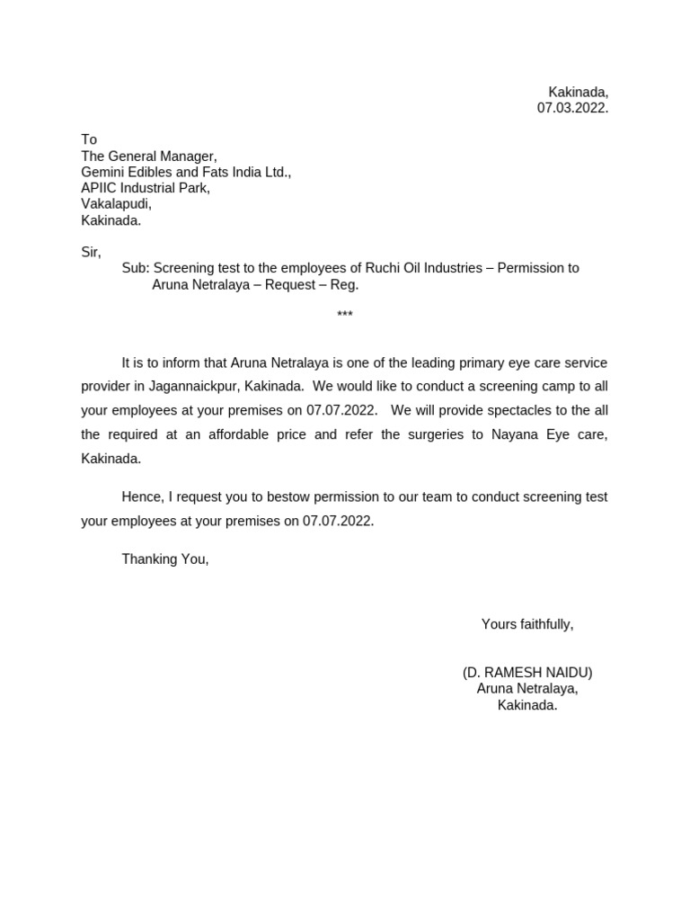 Eye Camp Permission Request for Employees | PDF