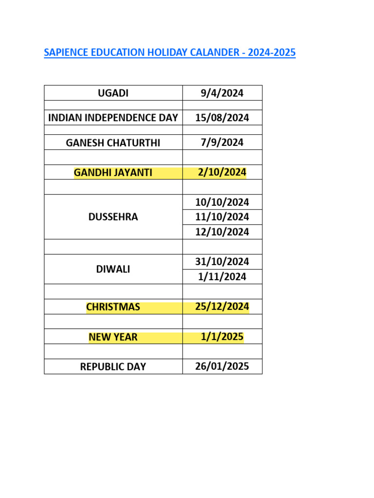 Sapience Holiday List | PDF