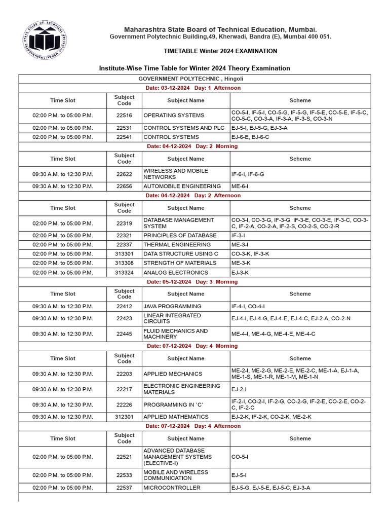 Time Table For Winter 2024 Theory Examination | PDF | Engineering ...