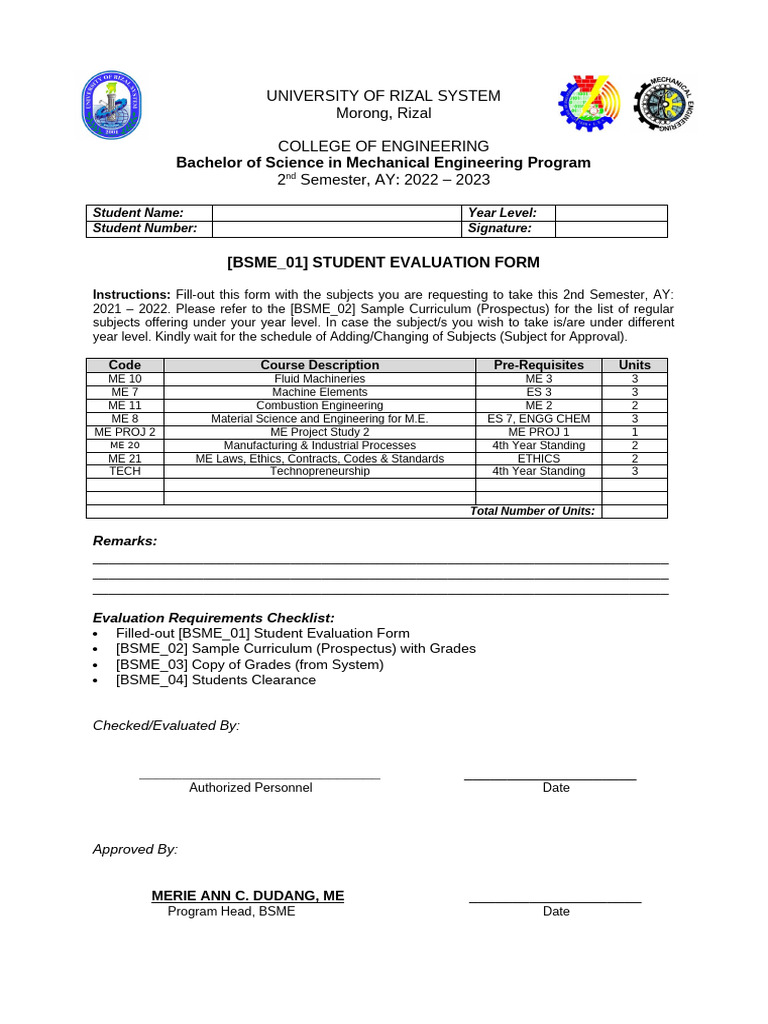 BSME Student Evaluation Form 2022-2023 | PDF | Physical Sciences ...
