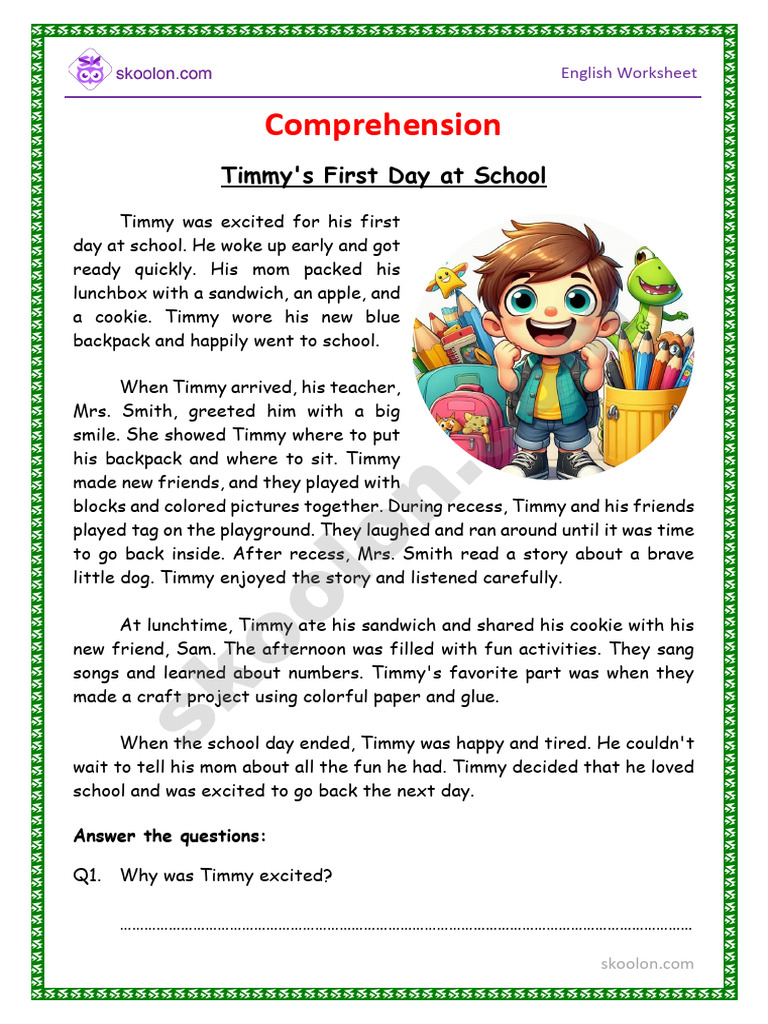 G3 English Comprehension Timmys First Day at School 738 | PDF