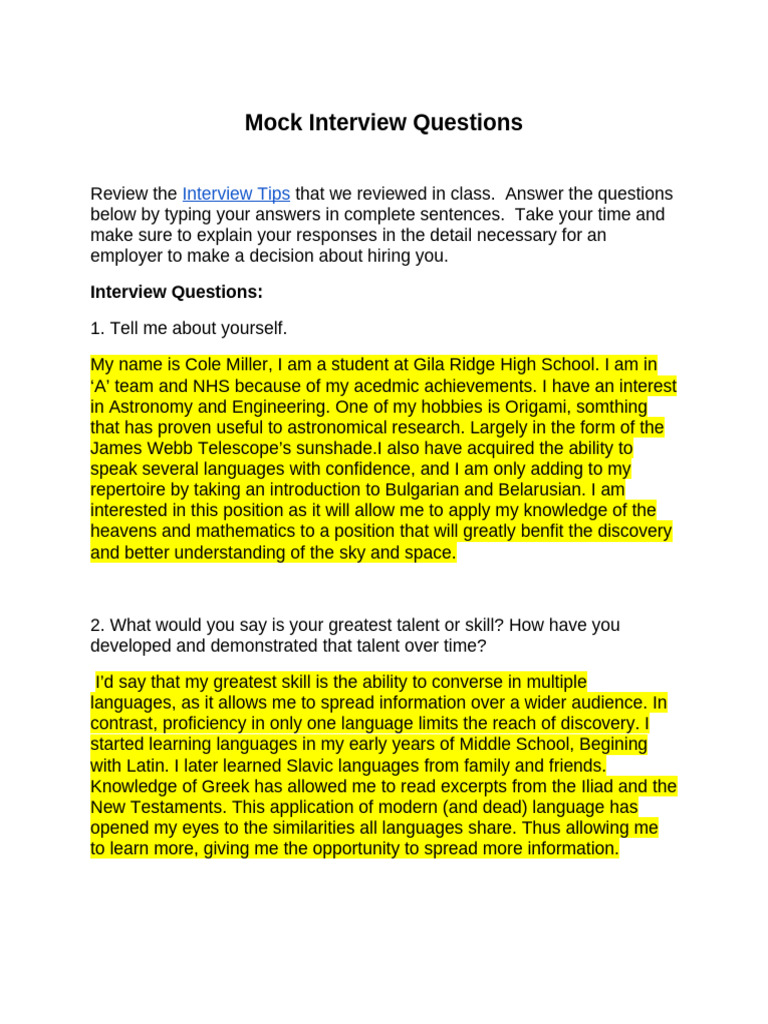 Mock Interview Questions and Tips | PDF | Cognition | Human Communication