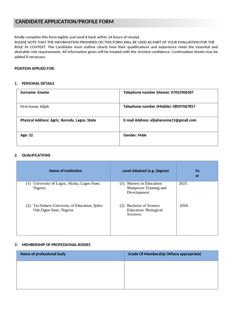 Candidate Profile Form Doc | PDF | Employment | Business