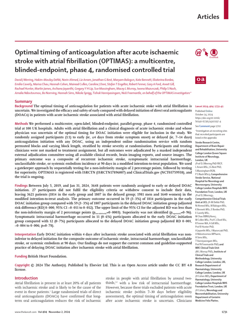 Optimal Timing of Anticoagulation After Acute Isch | PDF | Stroke ...
