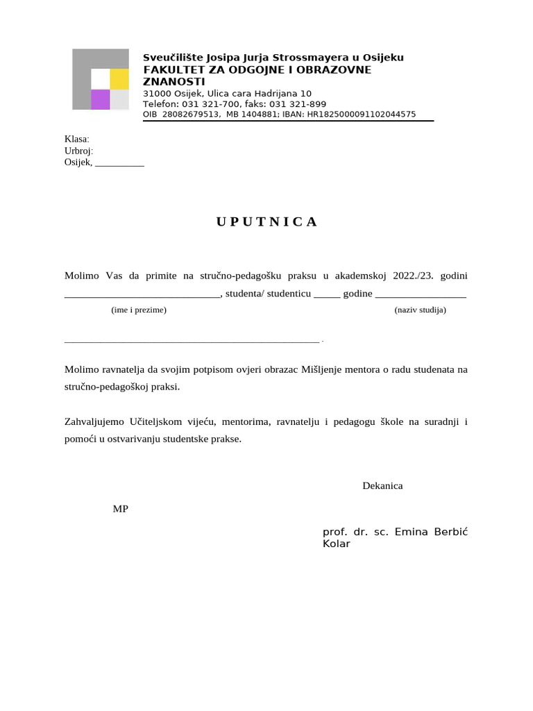 UPUTNICA - Stručno-Pedagoška Praksa | PDF