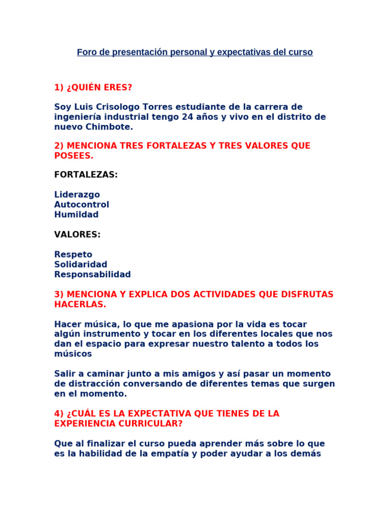 Foro de Presentacion Personal | PDF | Crecimiento personal y profesional