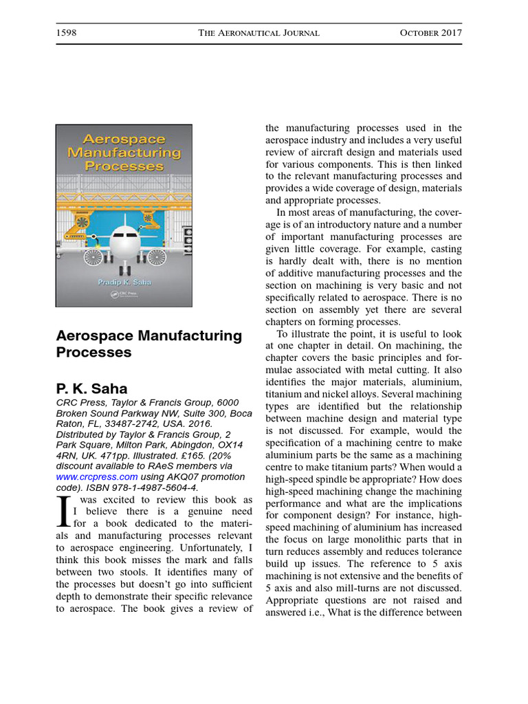 Aerospace Manufacturing Processes P. K. Saha: Ctober He Eronautical Ournal | PDF | Machining