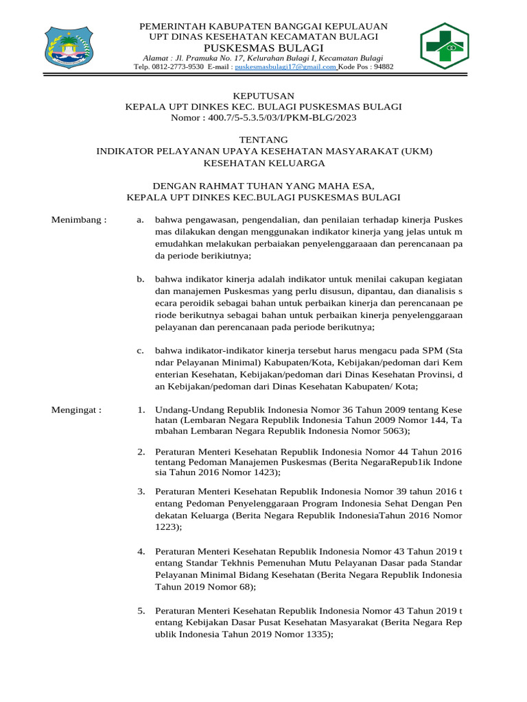 SK Kepala Puskesmas Tentang Indikator Dan Target Kinerja Pel Ukm | PDF