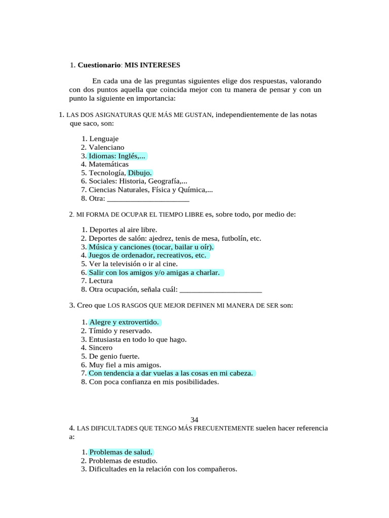 Cuestionario: Mis Intereses | PDF