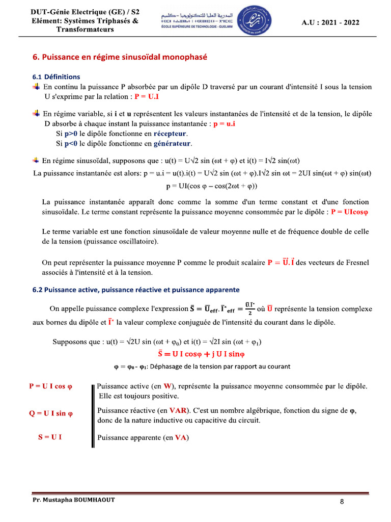 Chapitre1 - Monophasé - Cours GE-ESTG (Section 2) | PDF