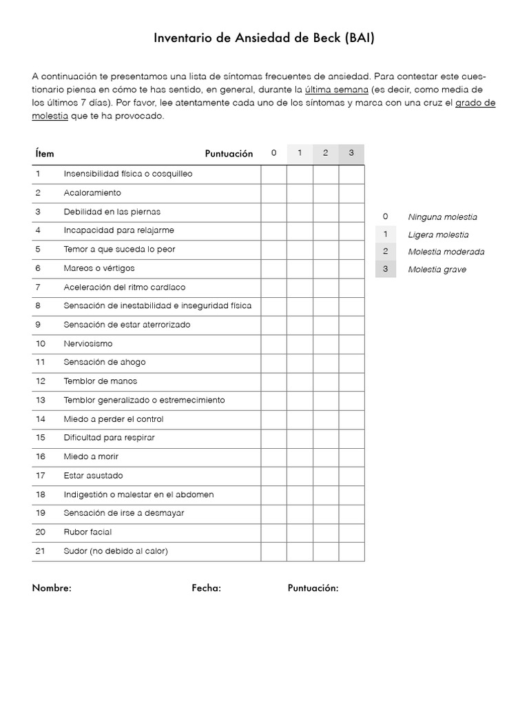 Inventario de Ansiedad de Beck (BAI) : Ítem Puntuación | PDF