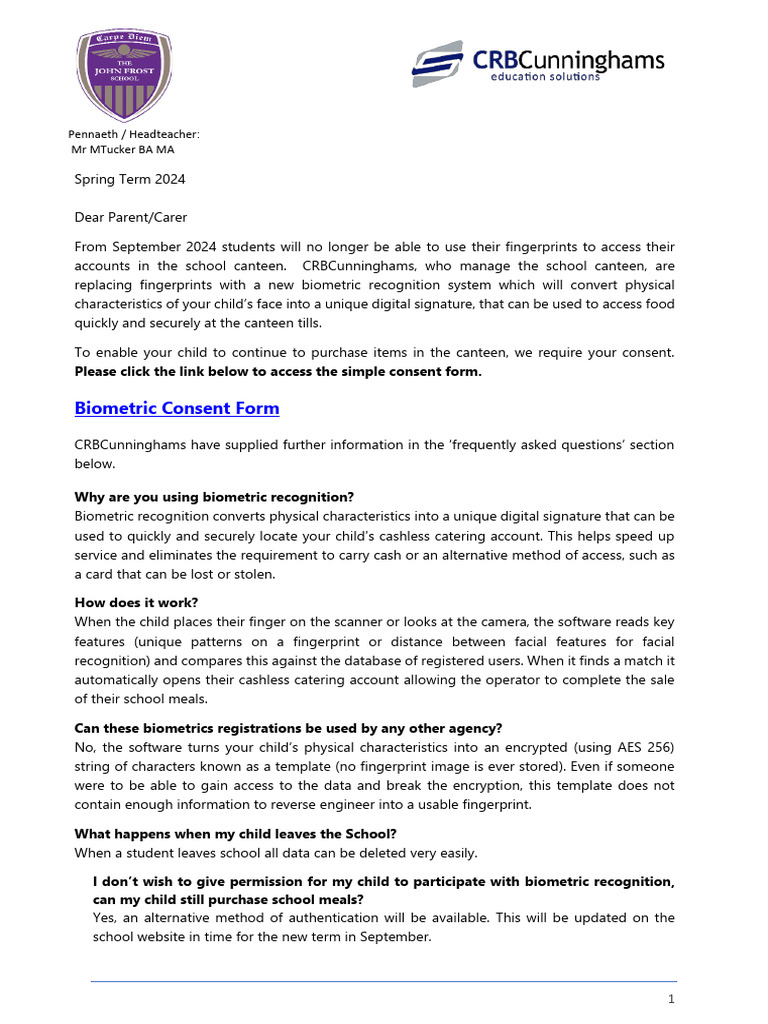 Biometric Facial Recognition Letter Spring Term | PDF | Biometrics ...