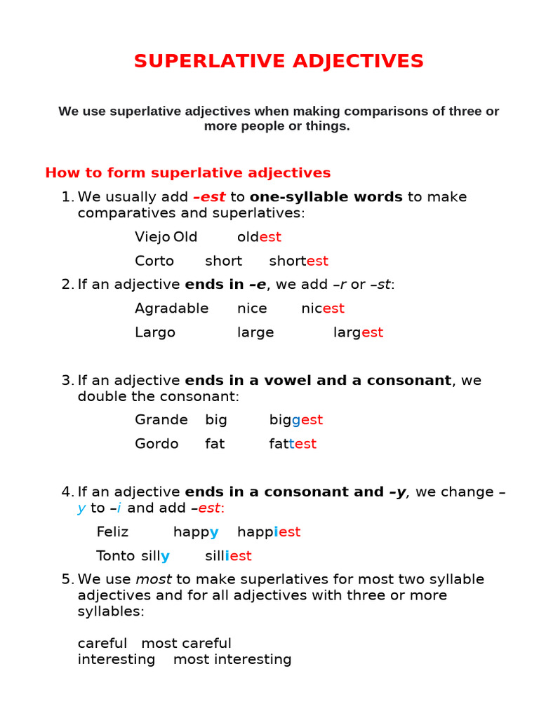Superlative Adjectives Guide | PDF | Adjective | Phonology