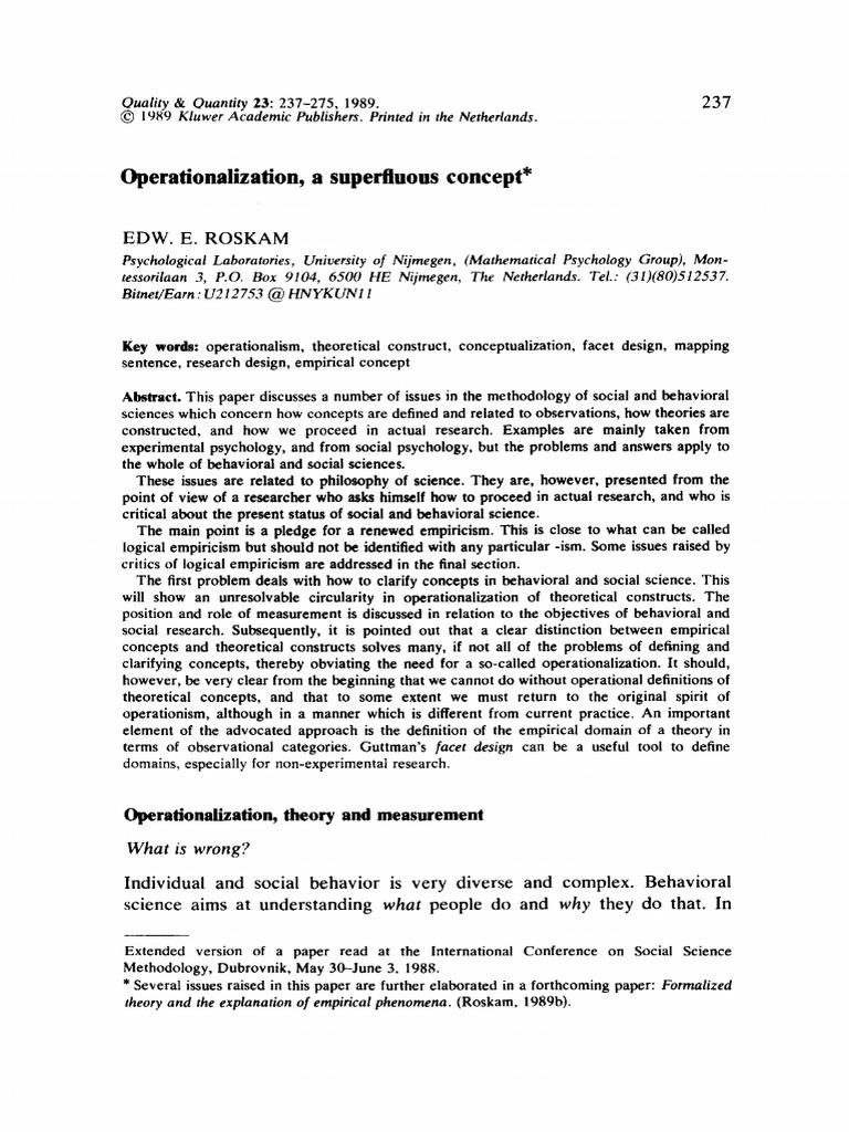 Roskam 1989 Operationalization Superfluous | PDF | Theory | Validity ...