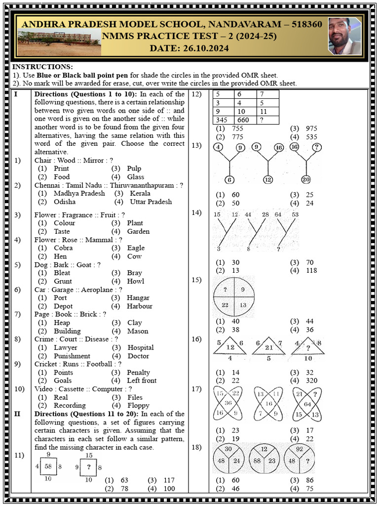 SPR Nmms Practice Question Paper - 2 & Key (2024-25) Dated 26.10.2024 ...