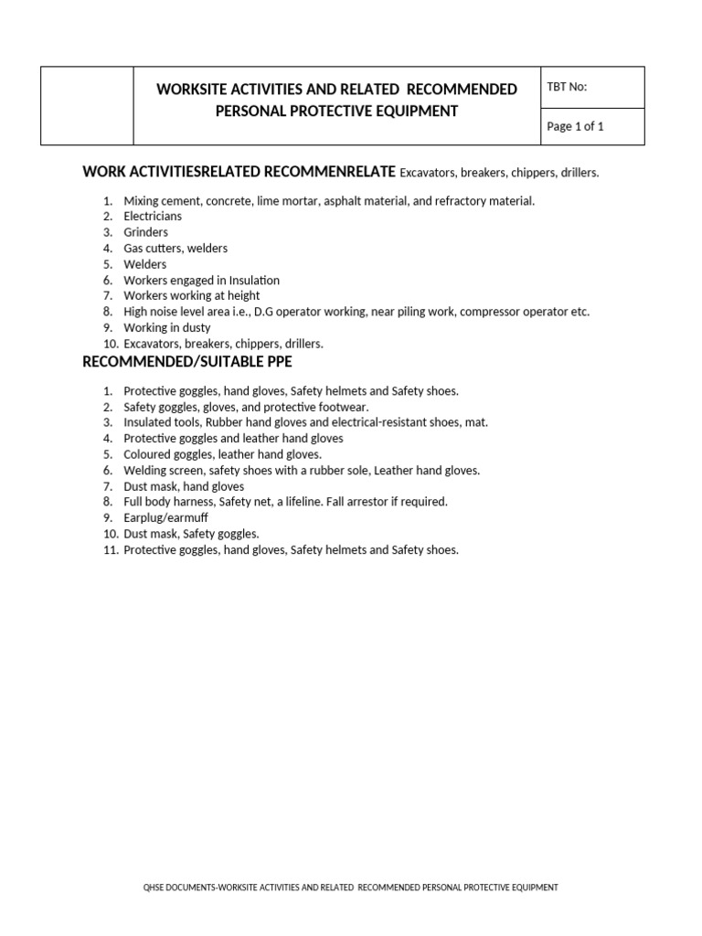 QHSE Documents-Worksite Activities and Related Recommended Personal ...