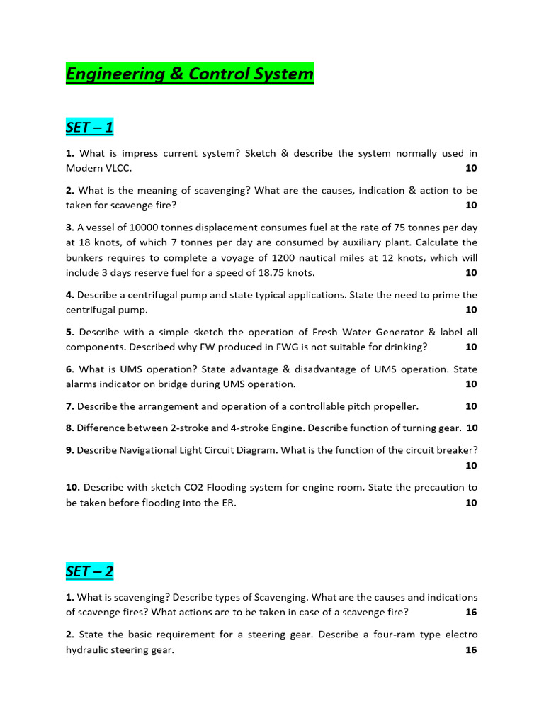 Engineering & Control System Questions Set | PDF | Pump | Engines