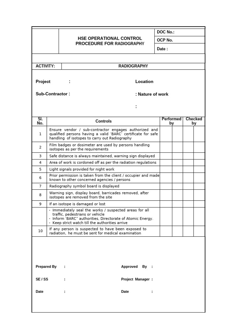 HSE Operational Control Procedure For Radiography | PDF