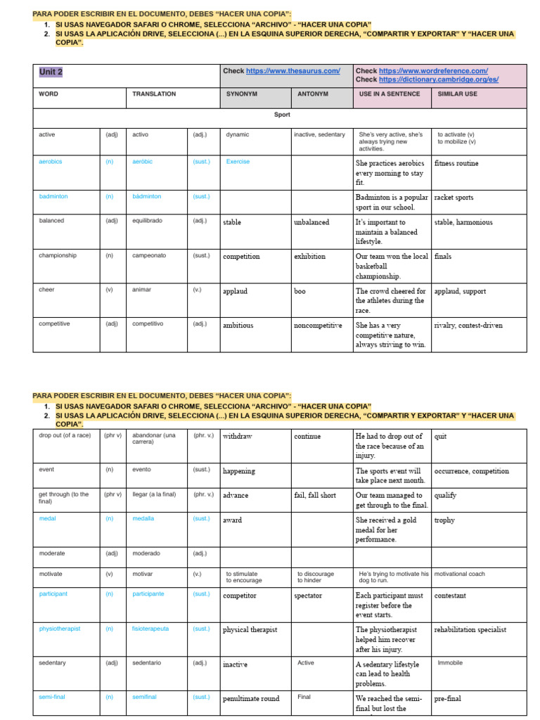 STUDENTS - GLOSSARY U2 Wordlist Book | PDF | Physical Exercise ...