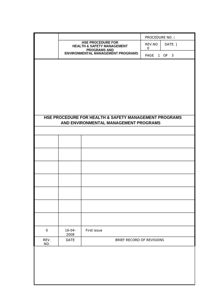 HSE Procedure For Health & Safety Management Programs & Environmental ...