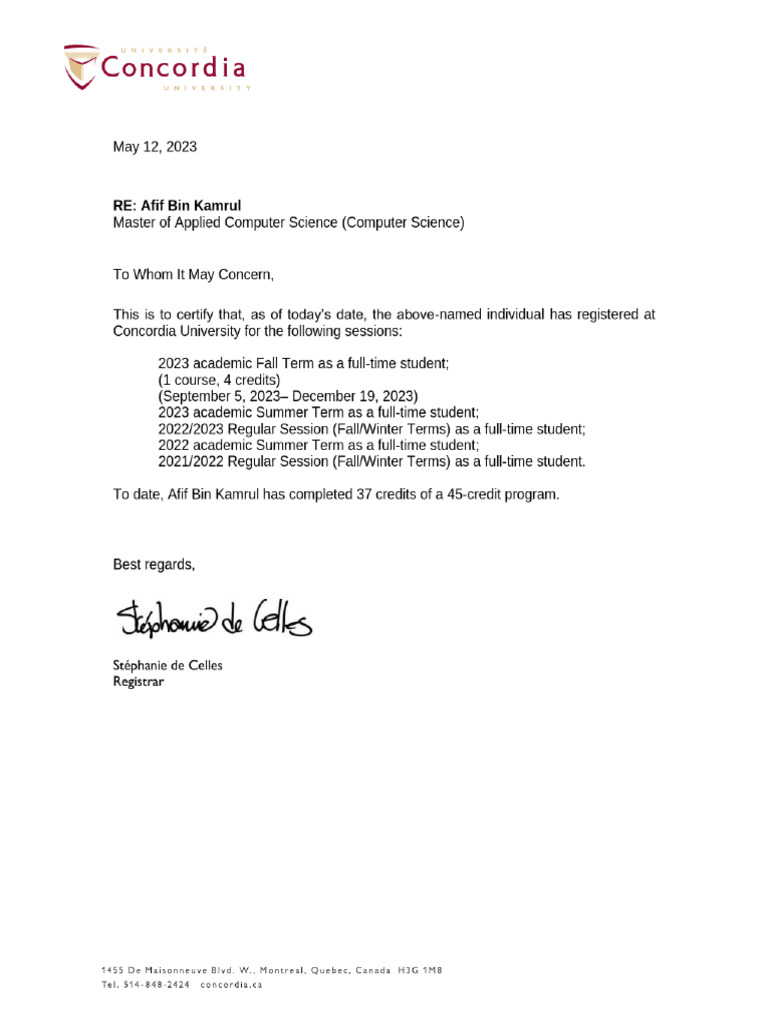 Attestation Letter Full Time Student | PDF